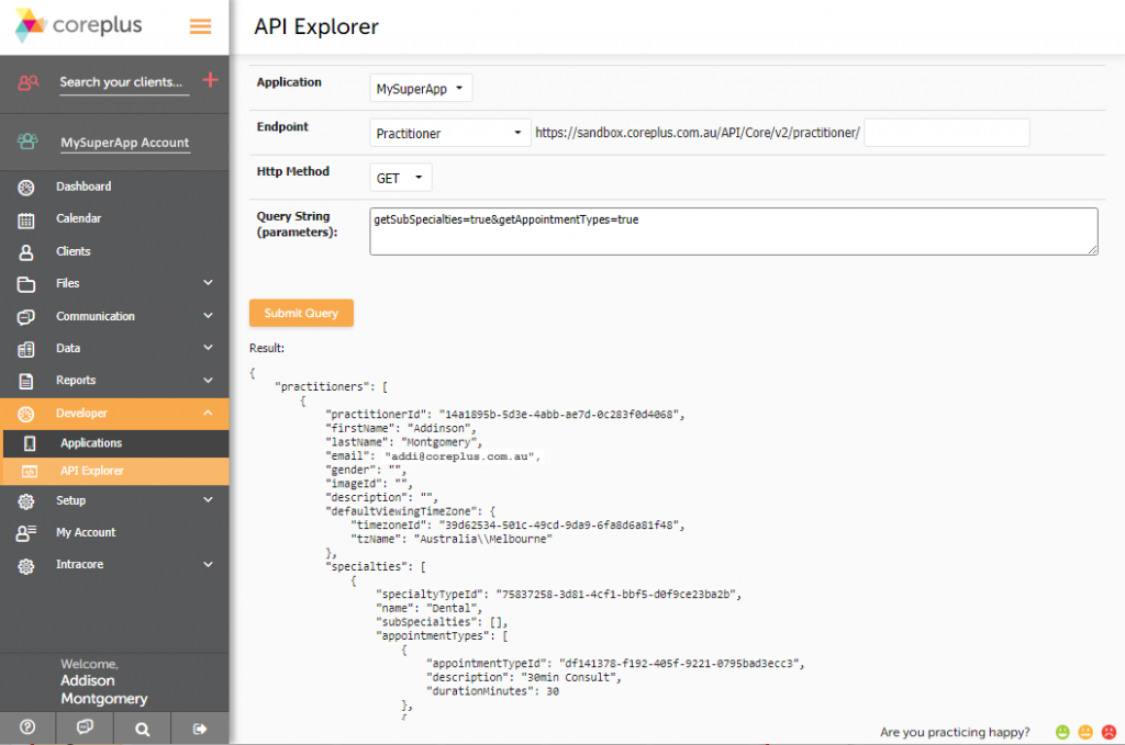 Setup your account with some data to query - coreplus Dev Centre